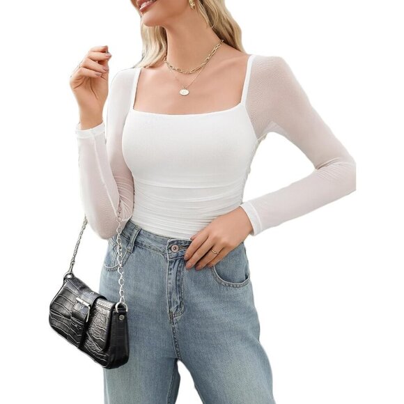 No Brand | Tops | Women White Square Neck Mesh Long Sleeve Bodysuit ...